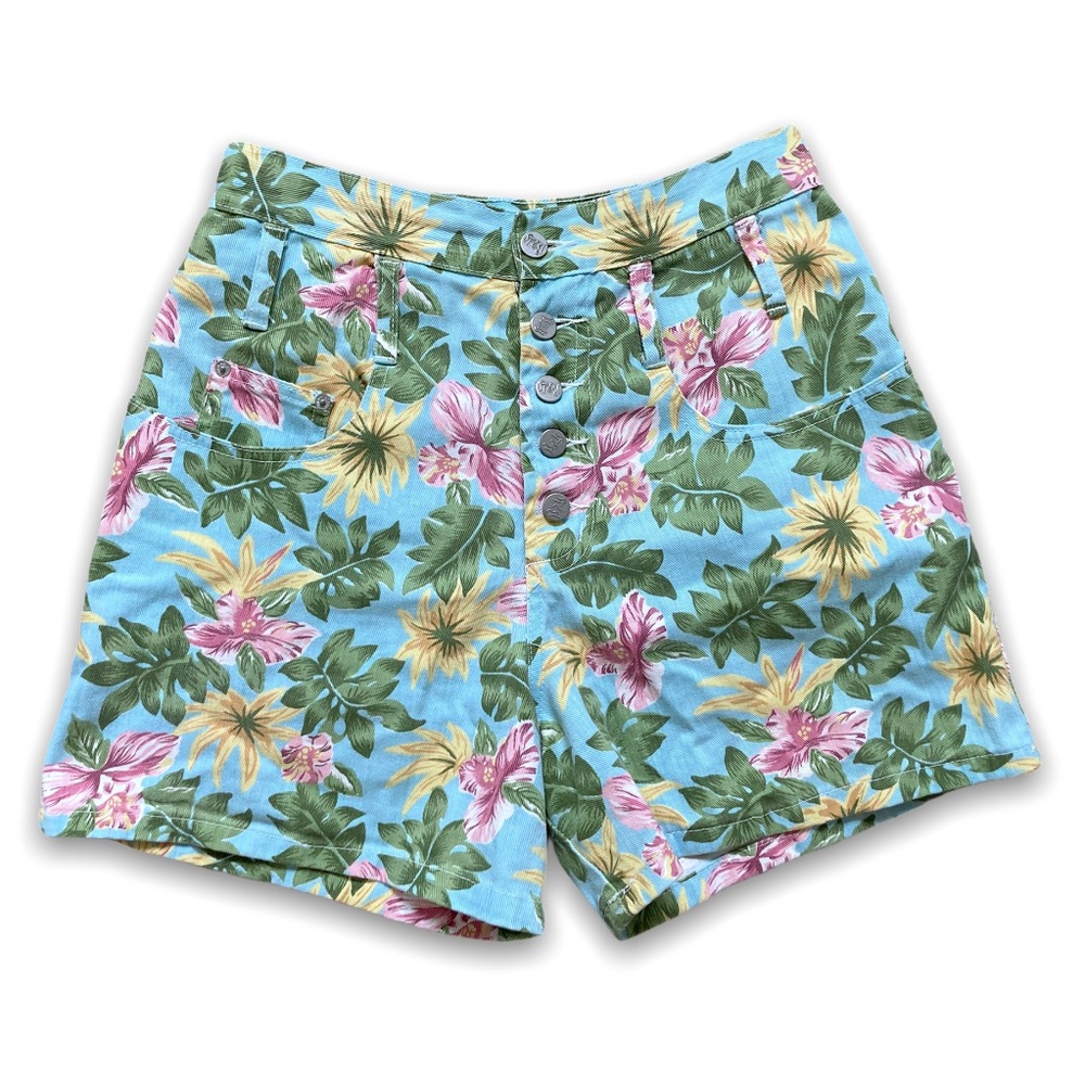 Vintage Tropical Floral High Rise Denim Shorts - Gem